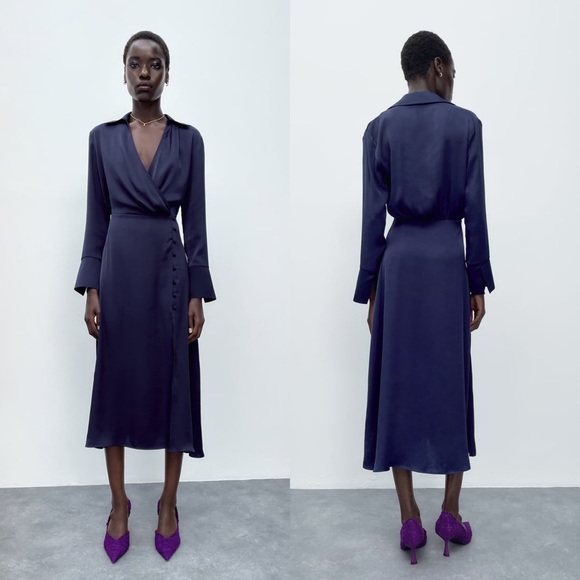 Zara | Dresses | Zara Satin Effect Buttoned Dress Deep Blue | Poshmark